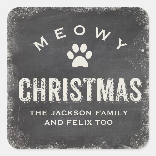 Funny Meowy Merry Christmas Cat Paw Custom Square Sticker | Zazzle