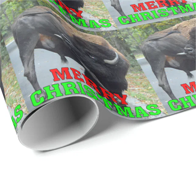 Funny Merry Christmas Bull Bison Licking Testicles Wrapping Paper | Zazzle