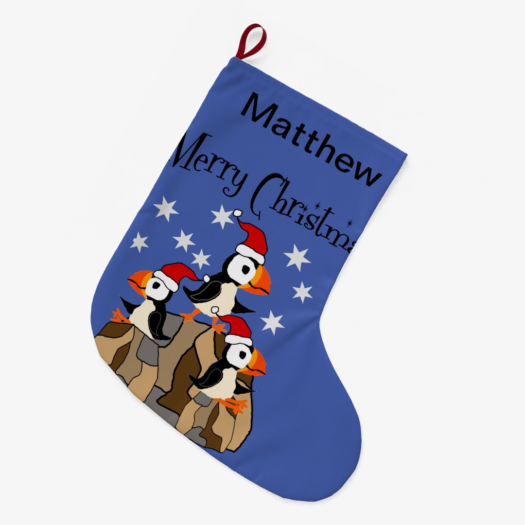 Funny Merry Christmas Puffin Birds and Snow Large Christmas Stocking ...