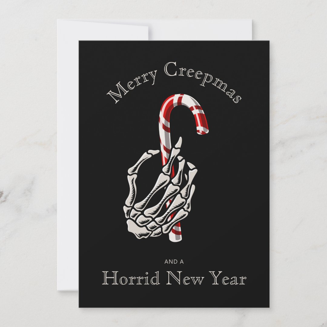 Funny Merry Creepmas Skeleton Candy Cane Card | Zazzle