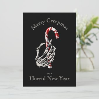 Funny Merry Creepmas Skeleton Candy Cane Card | Zazzle