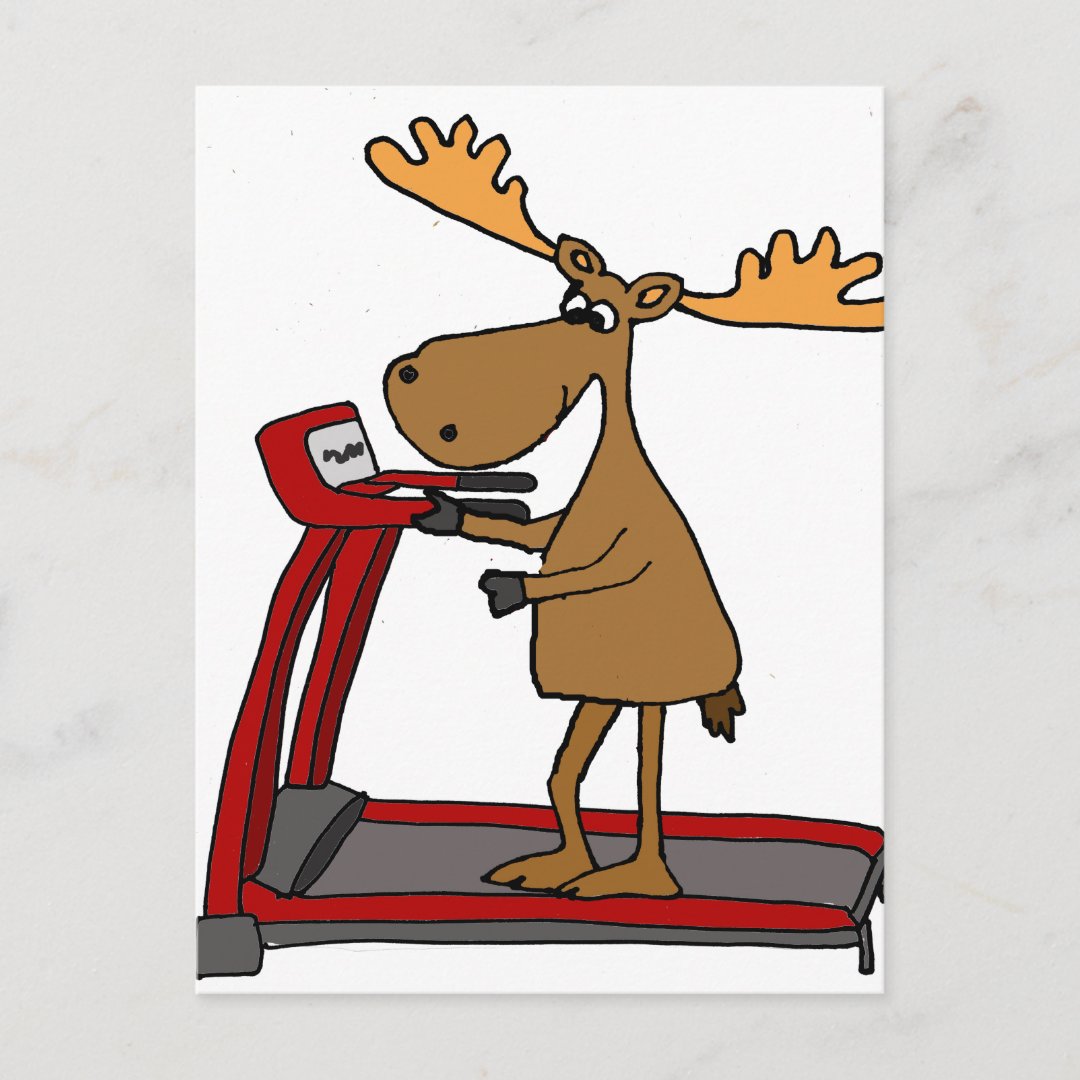Funny Moose Exercising on Treadmill Cartoon Postcard | Zazzle