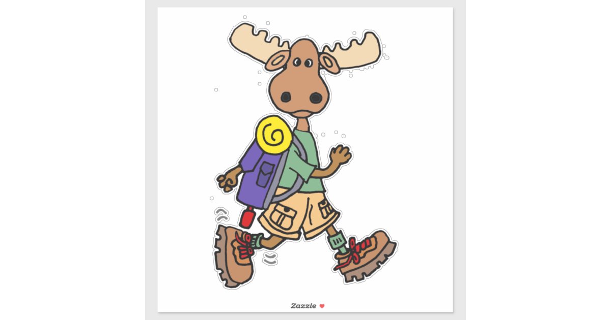 Funny Moose Hiking Cartoon Sticker | Zazzle
