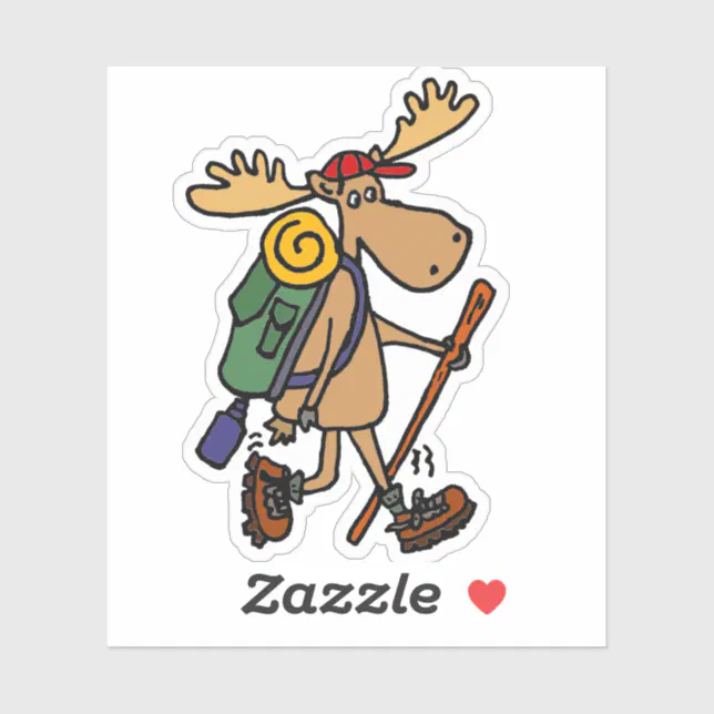 Funny Moose Hiking Cartoon Sticker | Zazzle