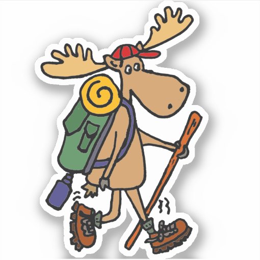 Funny Moose Hiking Cartoon Sticker | Zazzle