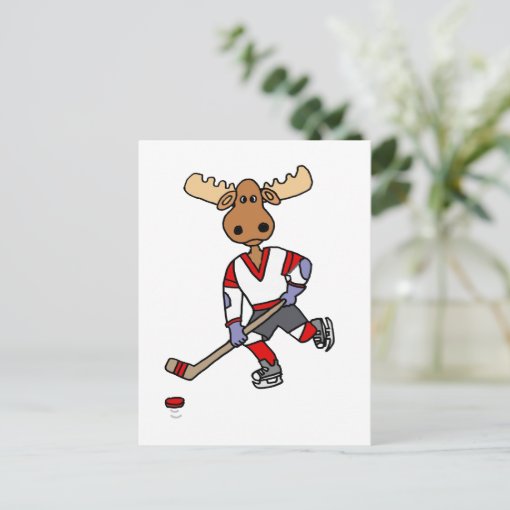 Funny Moose Playing Ice Hockey Cartoon Postcard | Zazzle