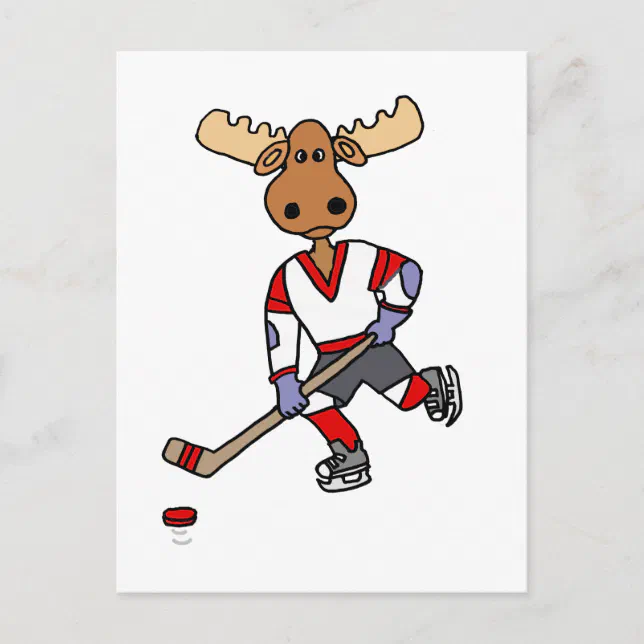 Funny Moose Playing Ice Hockey Cartoon Postcard | Zazzle
