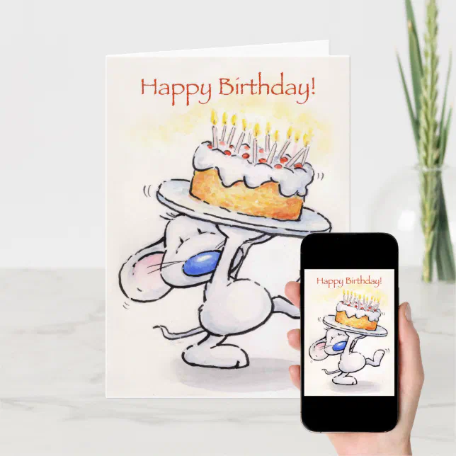 Funny mouse carrying huge cake, Happy Birthday Card | Zazzle