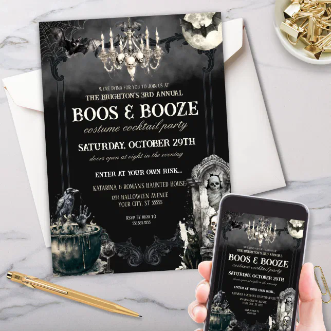 Funny Mummy Bats Halloween Boos & Booze Party Invitation | Zazzle