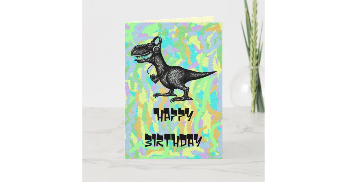 Funny music dinosaur happy birthday card design | Zazzle