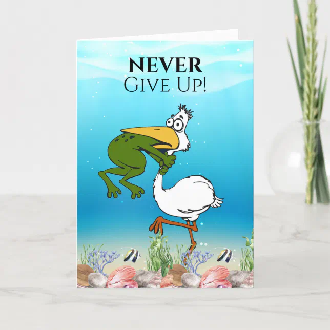 Funny Never Give Up Frog Choking Bird Card | Zazzle