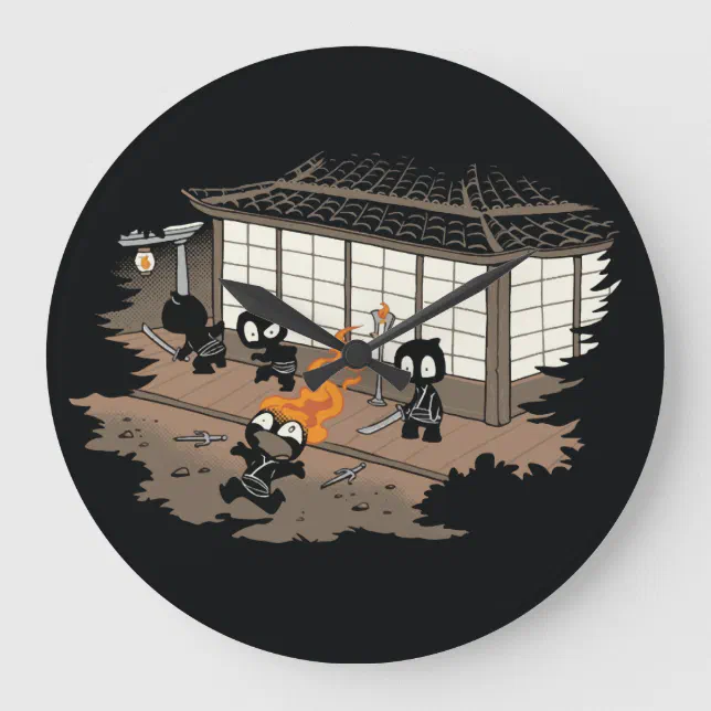 Funny Ninja Fire Fail Cartoon Large Clock | Zazzle