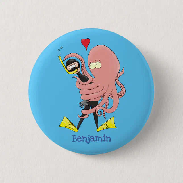 Funny octopus hugs diver cartoon humour button | Zazzle