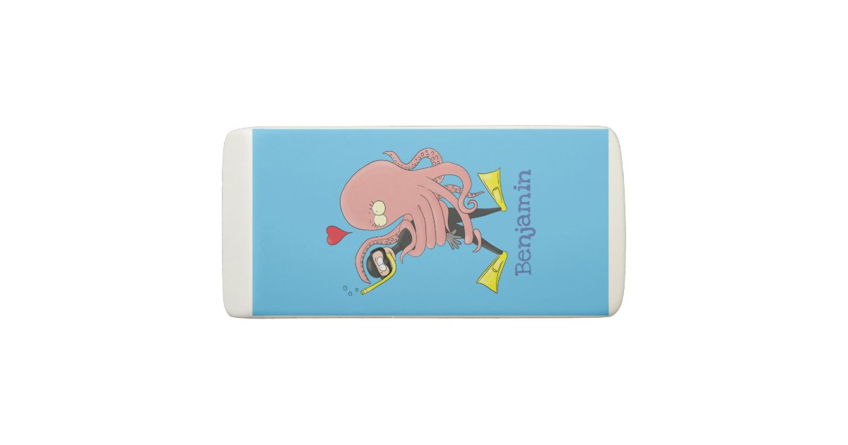 Funny octopus hugs diver cartoon humour eraser | Zazzle