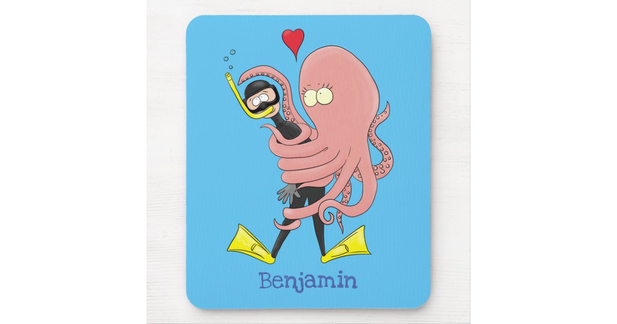 Funny octopus hugs diver cartoon humour mouse pad | Zazzle