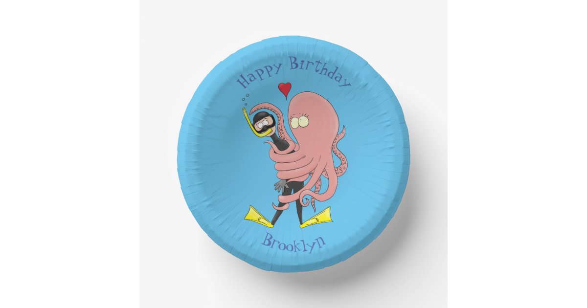 Funny octopus hugs diver cartoon humour paper bowls | Zazzle
