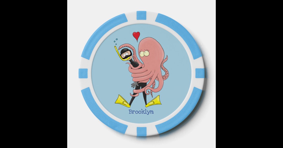 Funny octopus hugs diver cartoon humour poker chips | Zazzle