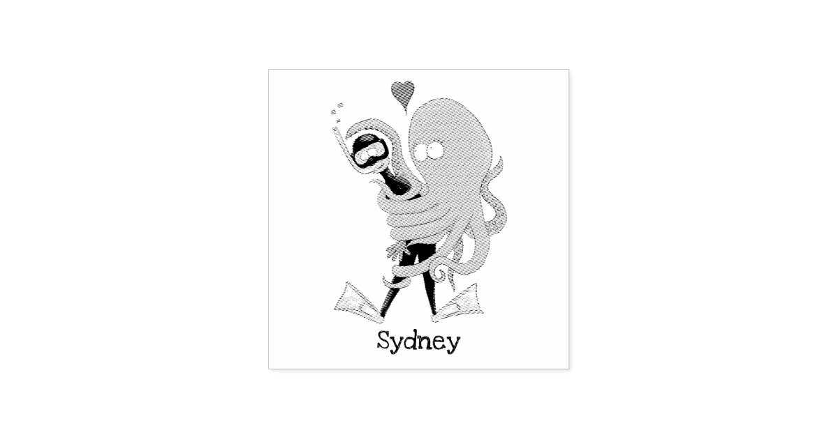 Funny octopus hugs diver cartoon humour rubber stamp | Zazzle