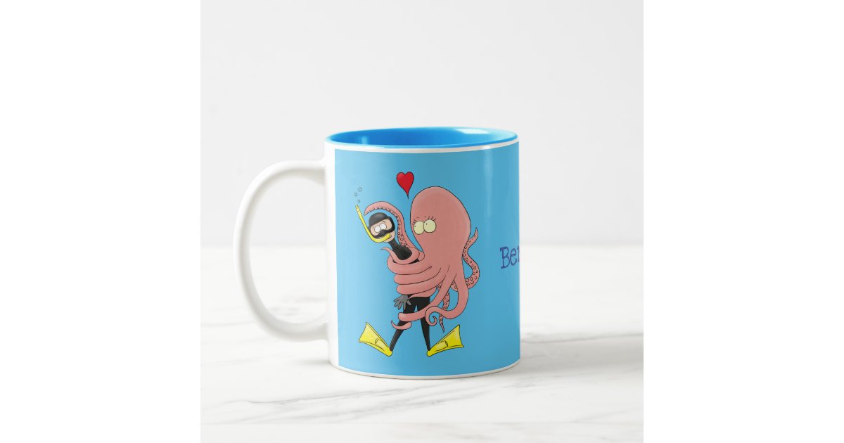 Funny octopus hugs diver cartoon humour Two-Tone coffee mug | Zazzle
