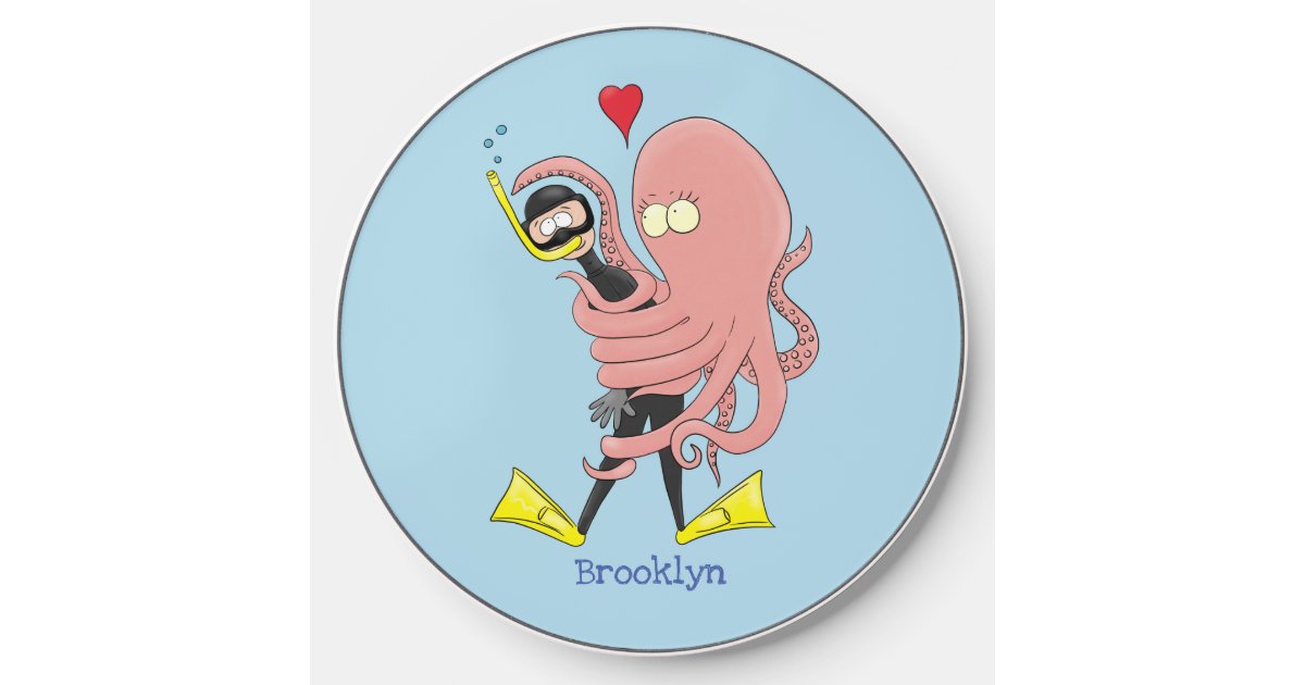 Funny octopus hugs diver cartoon humour wireless charger | Zazzle