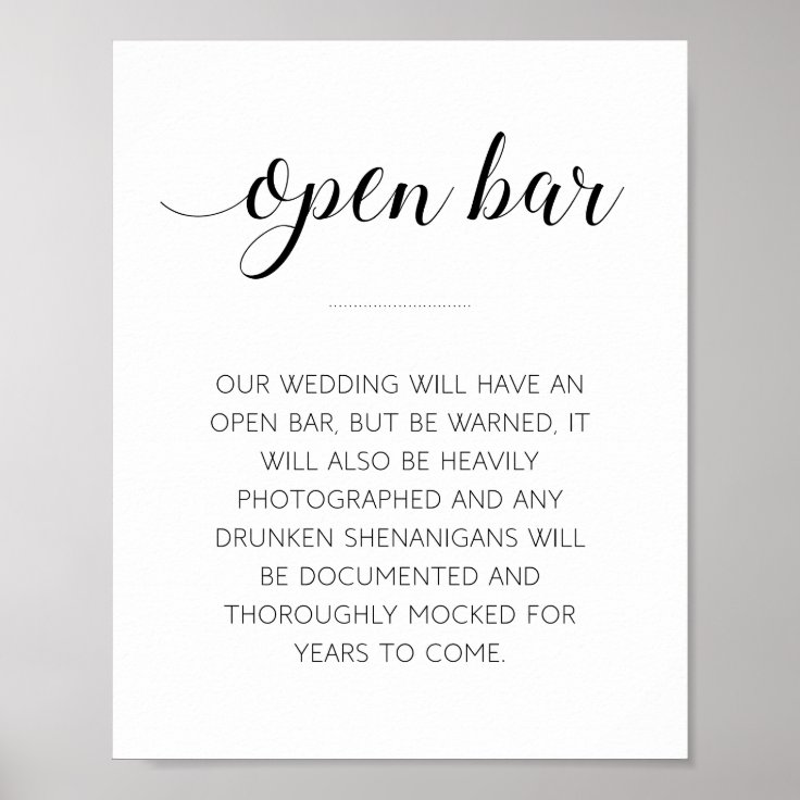 Funny Open Bar Wedding Sign | Zazzle