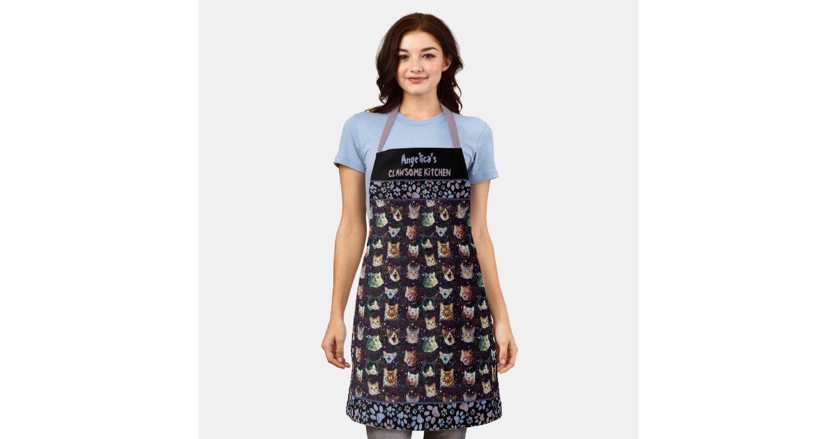 Funny Outer Space Galaxy Cats and Paw Print Custom Apron | Zazzle