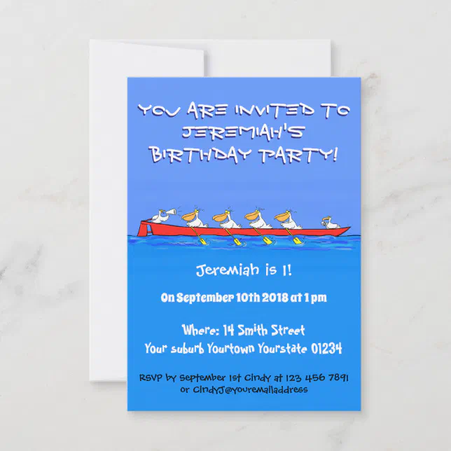 Funny pelicans rowing cartoon illustration invitation | Zazzle