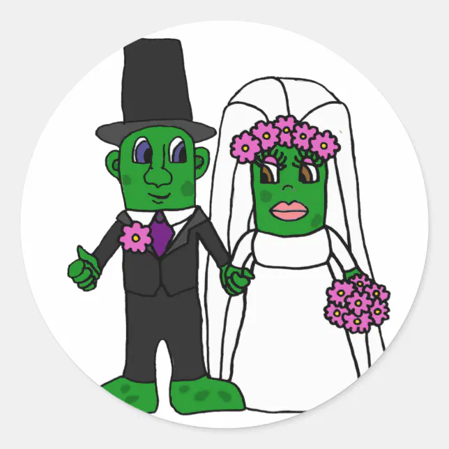 Funny Pickle Bride and Groom Wedding Art Classic Round Sticker | Zazzle