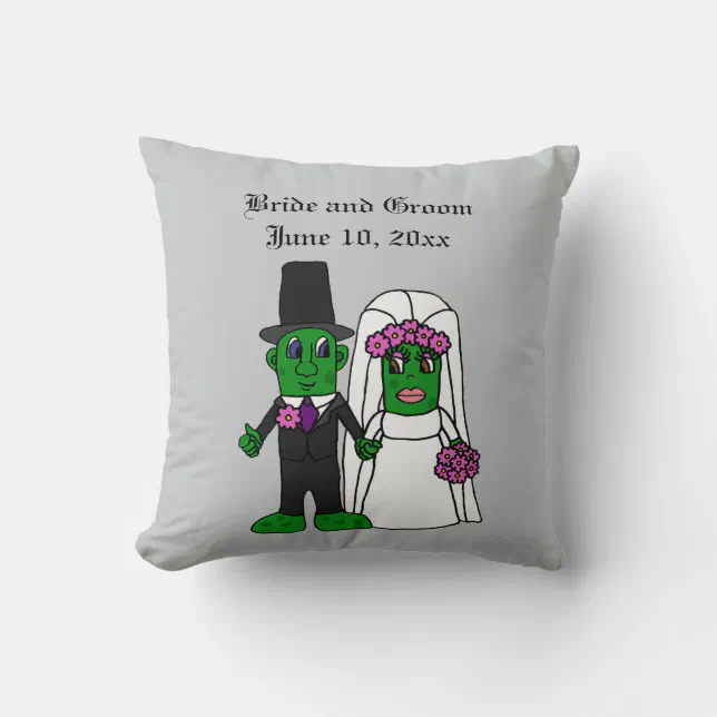 Funny Pickle Bride and Groom Wedding Cartoon Throw Pillow | Zazzle