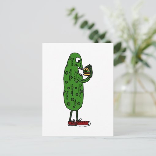 Funny Pickle Eating Hamburger Cartoon Postcard | Zazzle