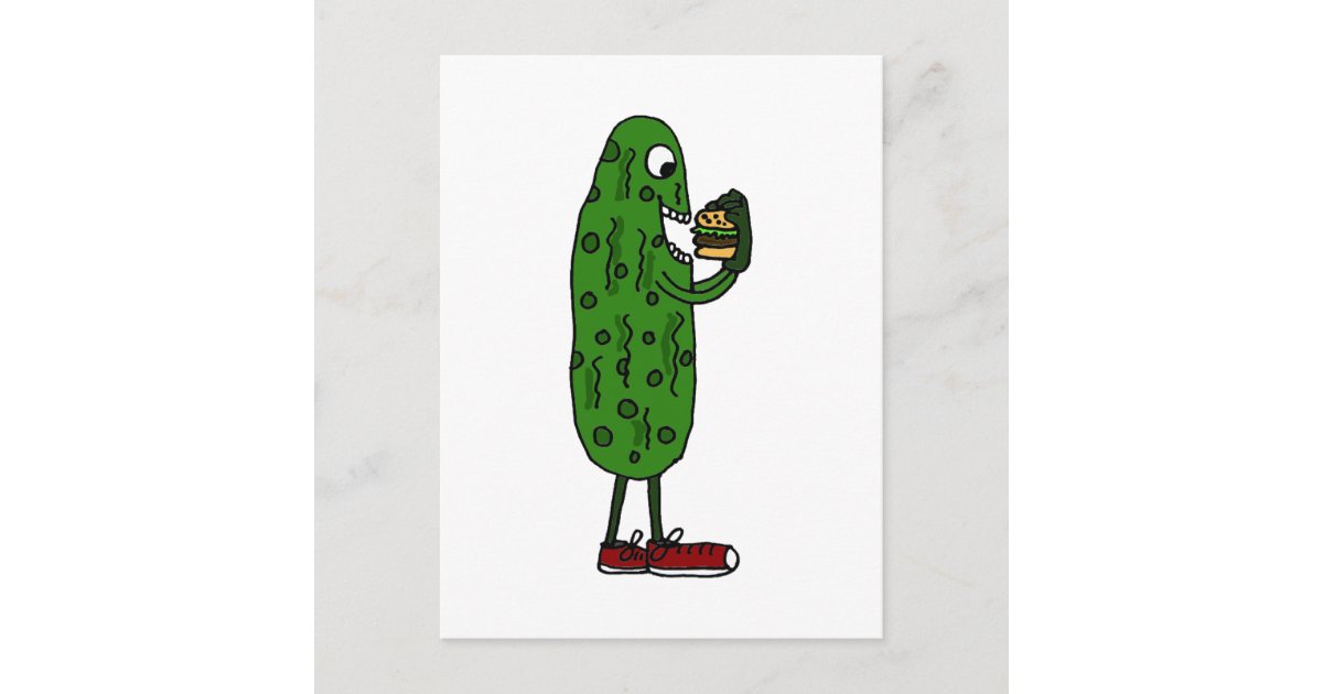 Funny Pickle Eating Hamburger Cartoon Postcard | Zazzle