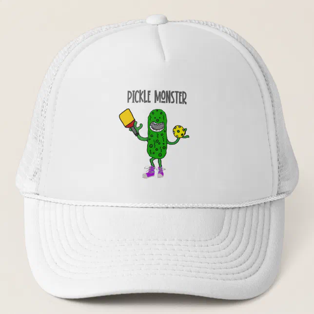 Funny Pickle Monster Pickleball Cartoon Trucker Hat | Zazzle