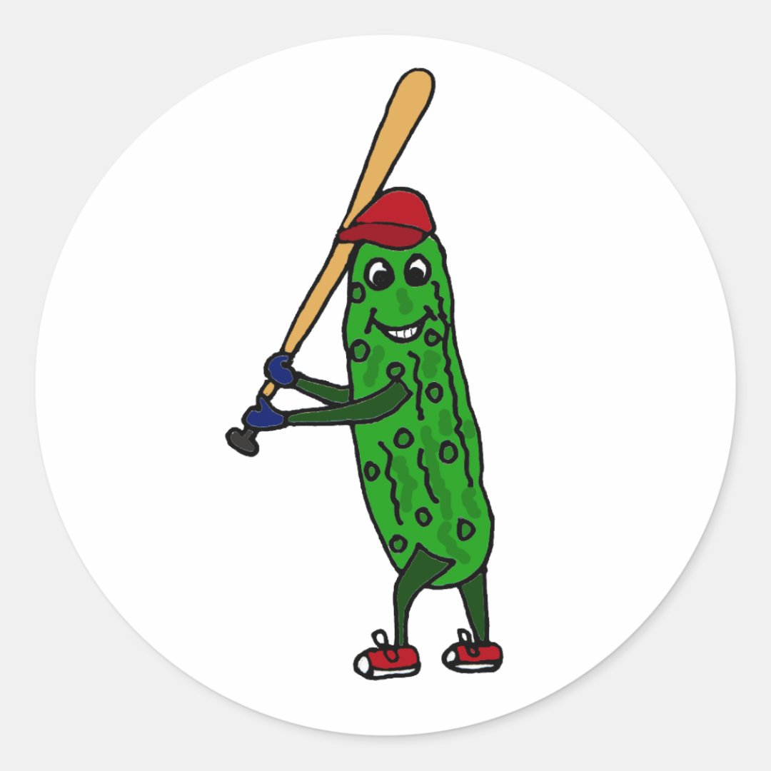 Funny Pickle Playing Baseball Cartoon Classic Round Sticker | Zazzle