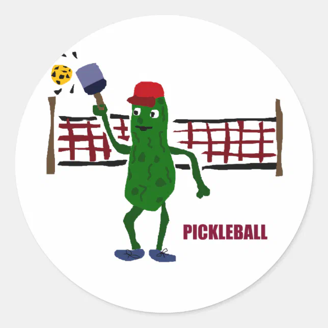 Funny Pickle Playing Pickleball with Net Art Classic Round Sticker | Zazzle