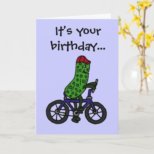 Funny Pickle Riding Bicycle Cartoon Card | Zazzle