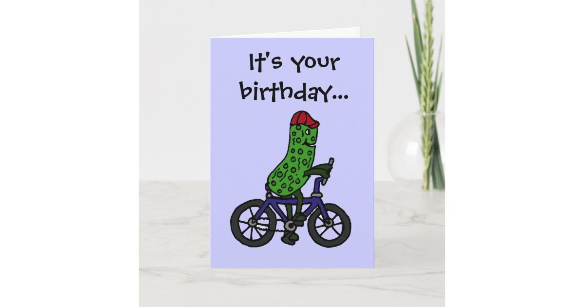 Funny Pickle Riding Bicycle Cartoon Card | Zazzle