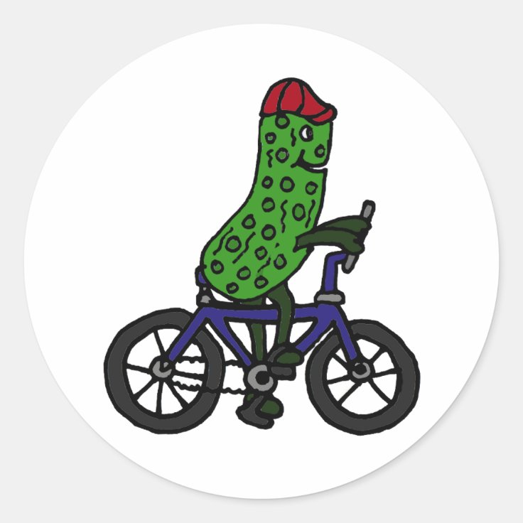 Funny Pickle Riding Bicycle Cartoon Classic Round Sticker | Zazzle