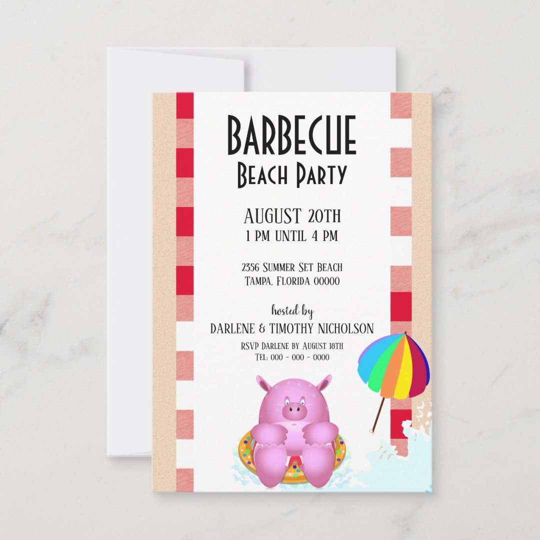 Funny Pink Cartoon Pig | Beach Pool Party Invitation | Zazzle