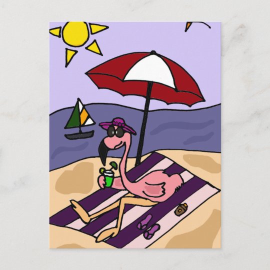 Funny Pink Flamingo at the Beach Postcard | Zazzle.com