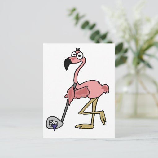 Funny Pink Flamingo Golfing Art Postcard | Zazzle