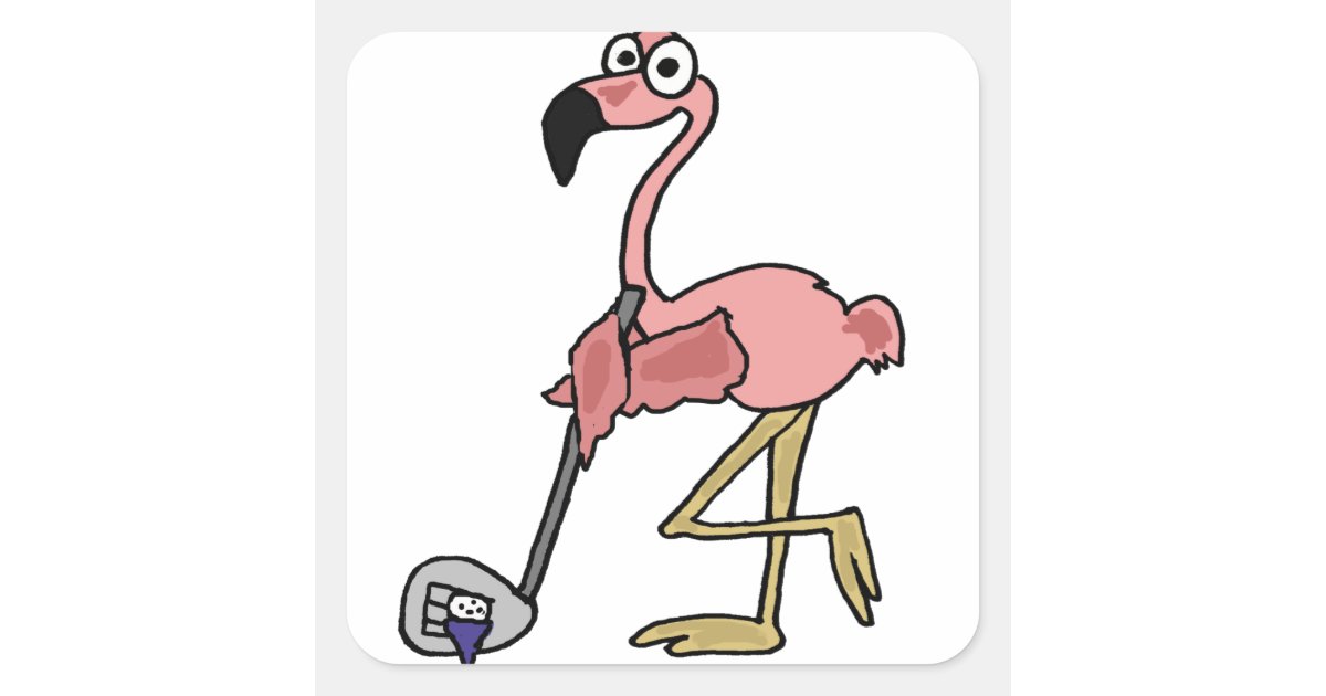 Funny Pink Flamingo Golfing Art Square Sticker | Zazzle
