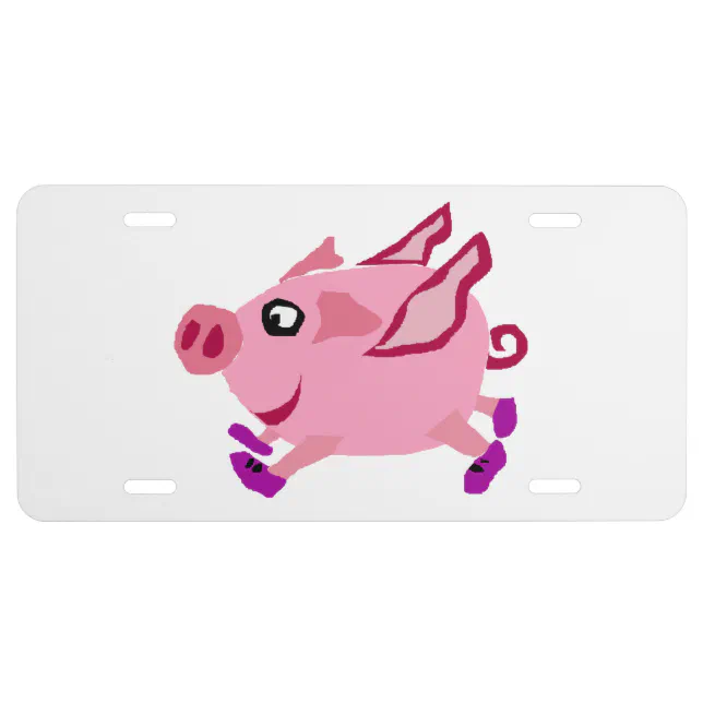 Funny Pink Flying Pig Cartoon License Plate | Zazzle