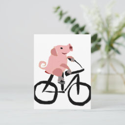 Funny Pink Pig Riding Bicycle Postcard | Zazzle