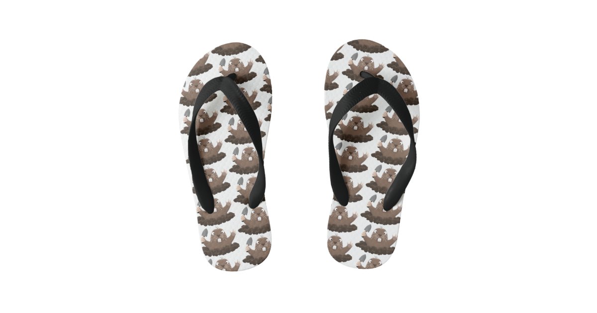 Funny pocket gopher digging cartoon illustration kid's flip flops | Zazzle