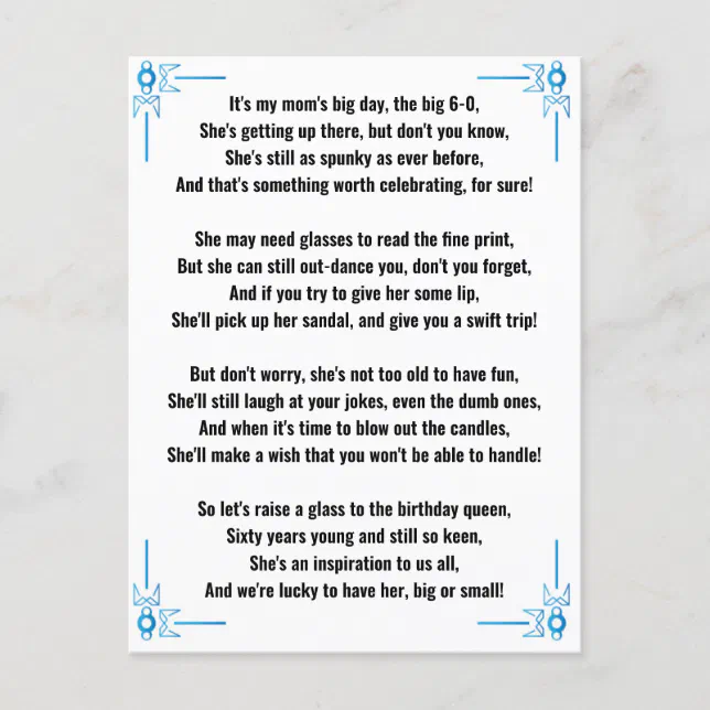 Funny Poem for 60th Birthday Woman Postcard | Zazzle