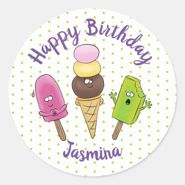 Funny popsicles and icecream cartoon illustration classic round sticker ...