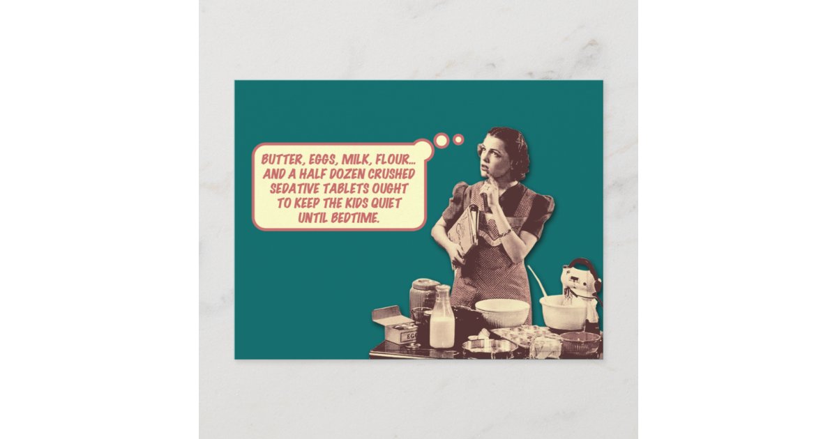 Funny Postcard - Retro Housewife Sleepytime Cake | Zazzle
