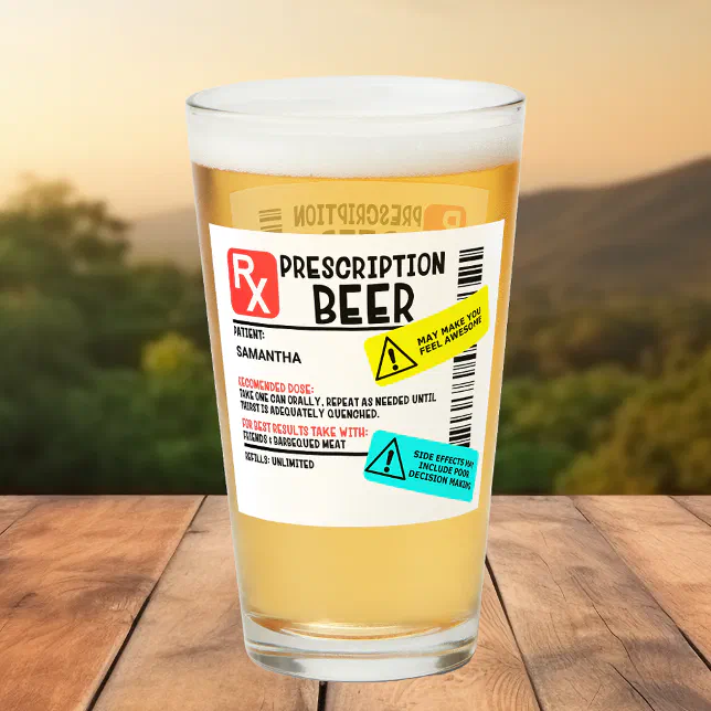 Funny Prescription Beer Warning Label Personalized Glass | Zazzle