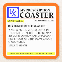 Funny Prescription Label Square Paper Coaster | Zazzle