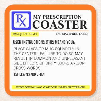 Funny Prescription Label Square Paper Coaster | Zazzle
